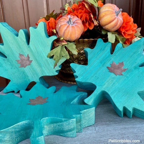 Teal Fall Decor: Painted Wooden Leaves - Garden Sanity by Pet Scribbles